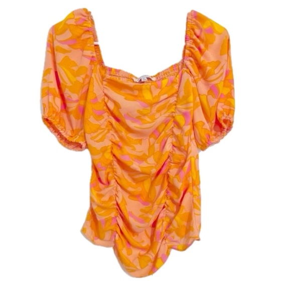 Tops | Rose Olive Pink Orange Puff Sleeve Floral Design Blouse | Poshmark